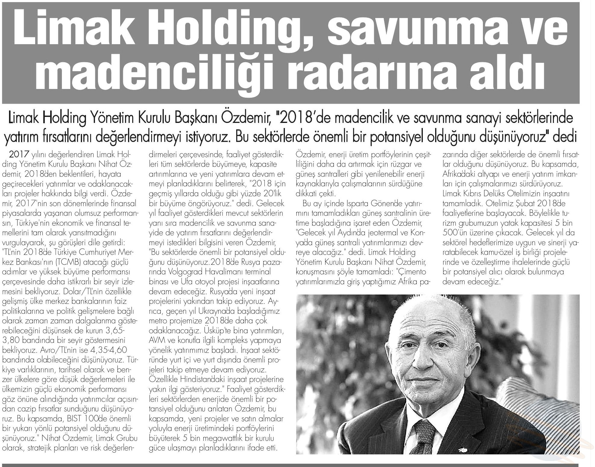 LİMAK HOLDİNG, SAVUNMA VE MADENCİLİĞİ RADARINA ALDI