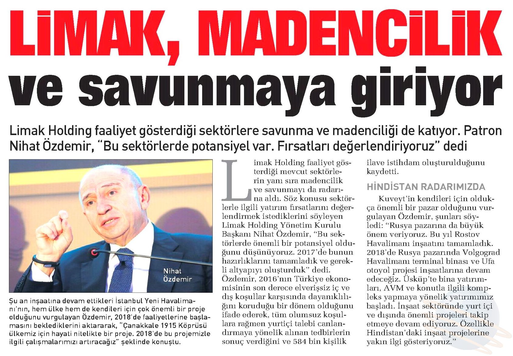 LİMAK MADENCİLİK VE SAVUNMAYA GİRİYOR